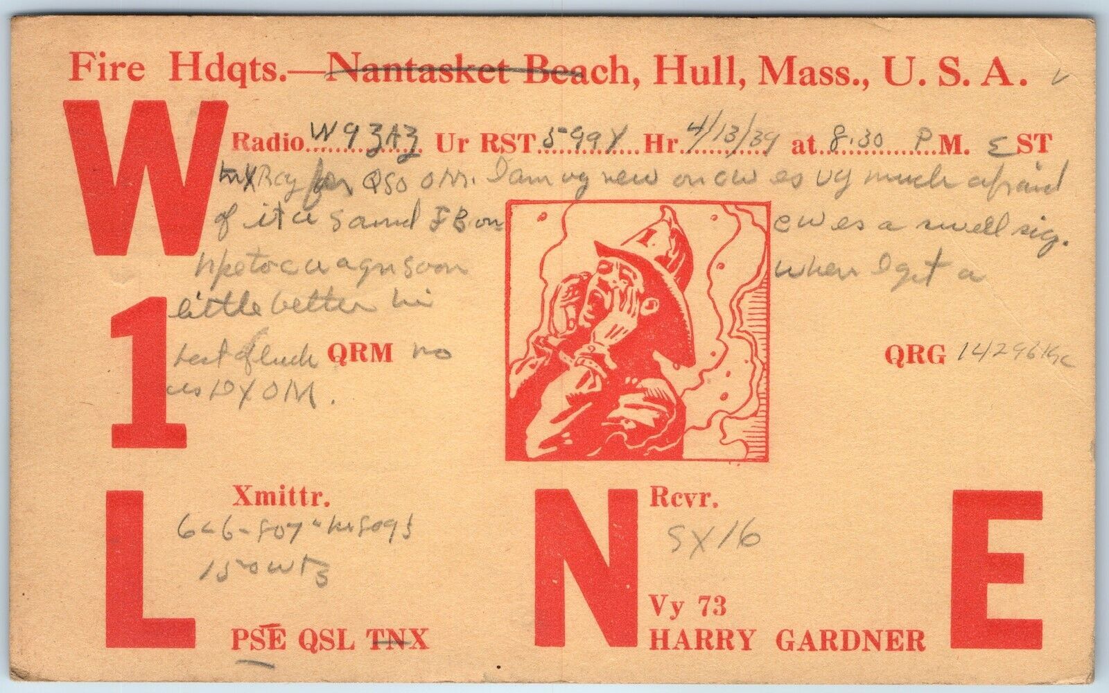c1939 Hull, MA Fire Headquarters QSL Ham Radio Card W1NE Gardner RST ...