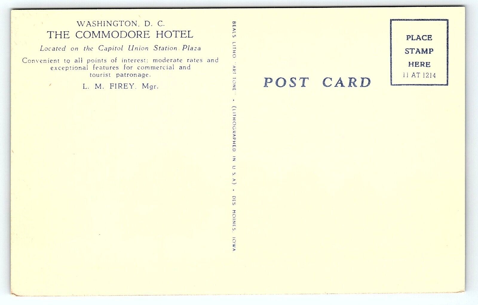 1930s Washington D.C. Hotel Commodore Union Station Plaza Linen ...