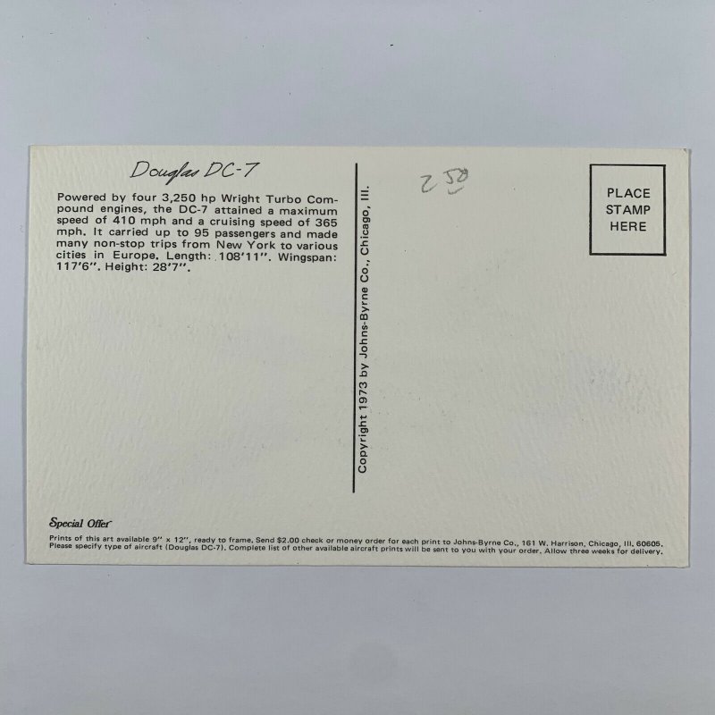 Postcard Aviation Roy Andersen Douglas DC-7 United 1970s Unposted ...