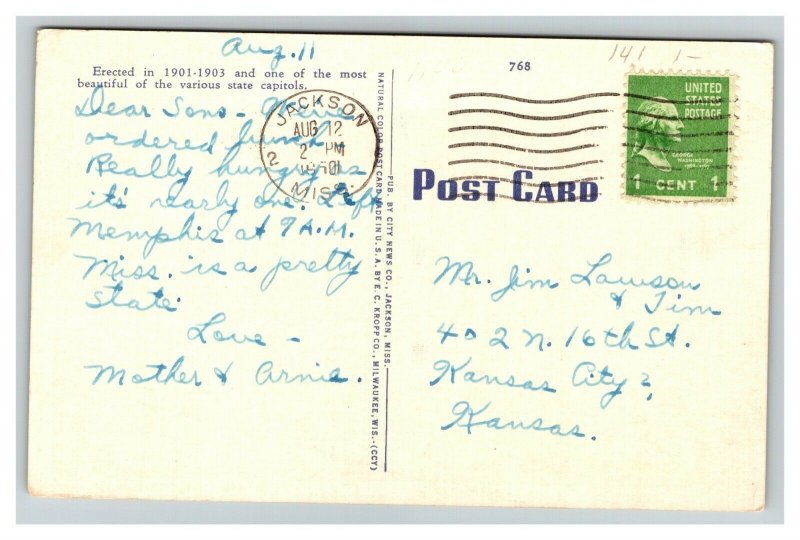 Vintage 1950 Postcard Gold Dome Mississippi State Capitol Building ...