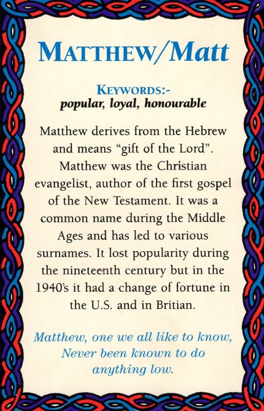 A Name Called Matthew Matt Gospel 1940s Origin Postcard | Topics ...