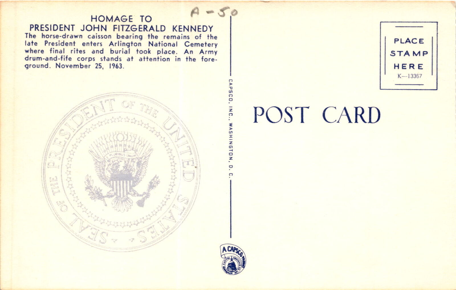 JFK's Burial Ceremony Postcard - 1963 Arlington National Cemetery ...