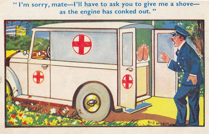 Policeman With Red Cross Ambulance Broken Down Old Comic Humour ...