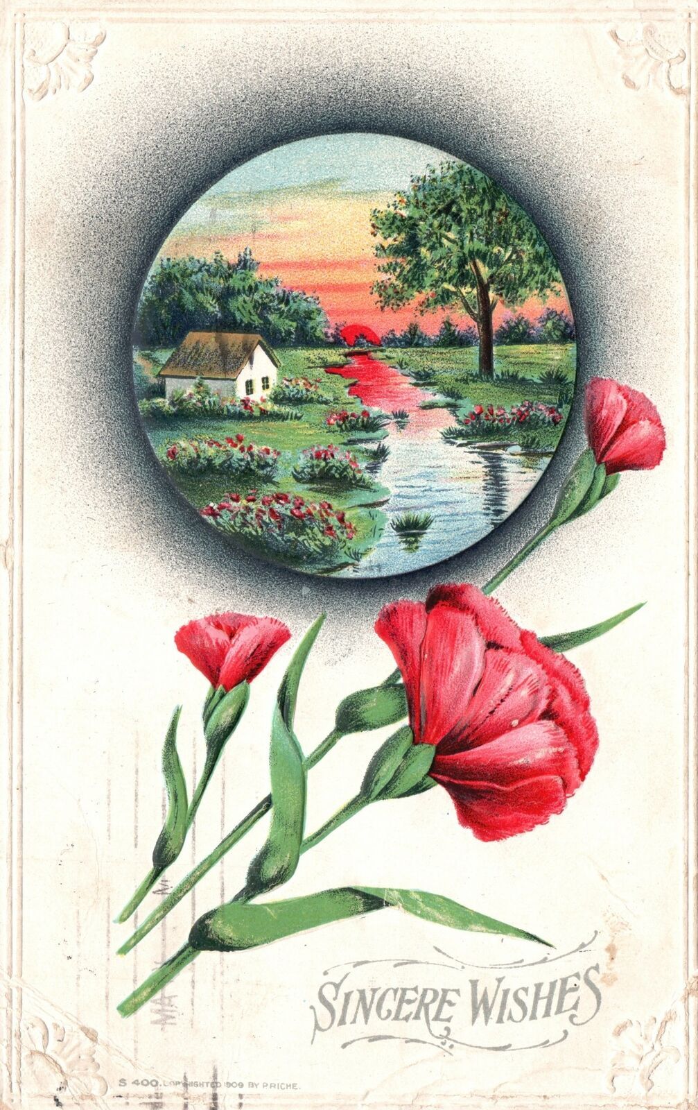 Vintage Postcard 1910's Sincere Wishes Flower Landscape Design Wish ...