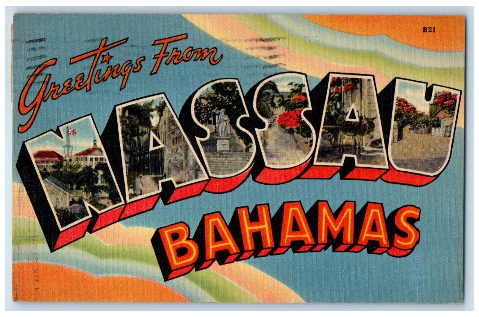 1947 Greetings from Nassau Bahamas Large Letter Multiview Coloful ...