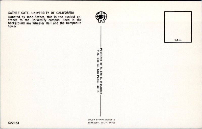 Postcard CA U Cal Berkeley - Sather Gate with Wheeler Hall and ...