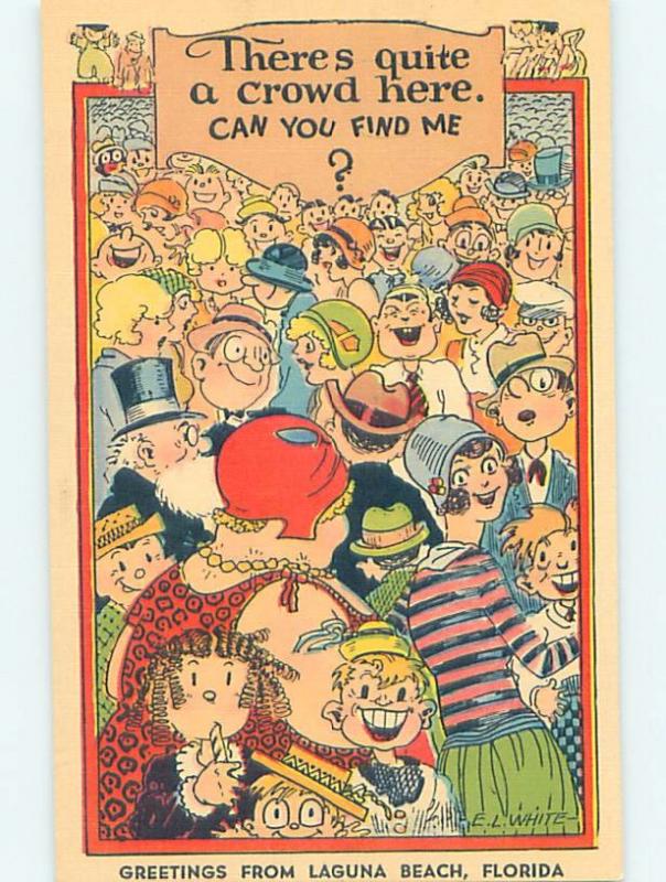 Linen WHERE'S WALDO TYPE OF COMIC POSTCARD Laguna Beach Florida FL ...