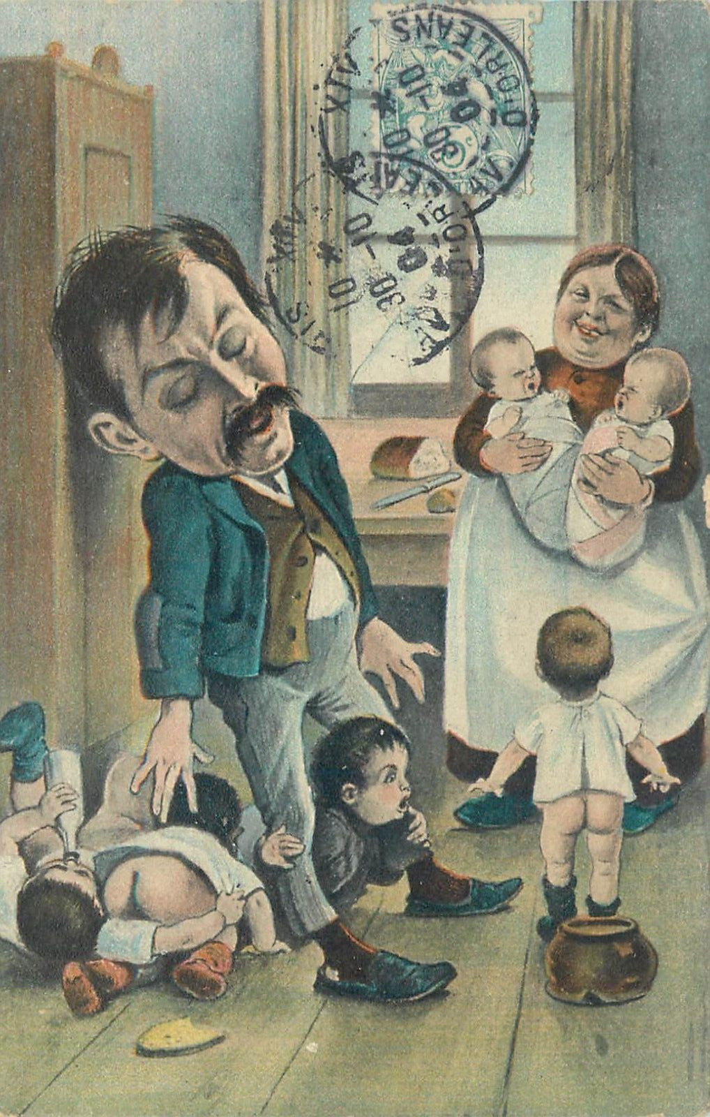Surrealism multi babies humor children dispute tired father comic ...