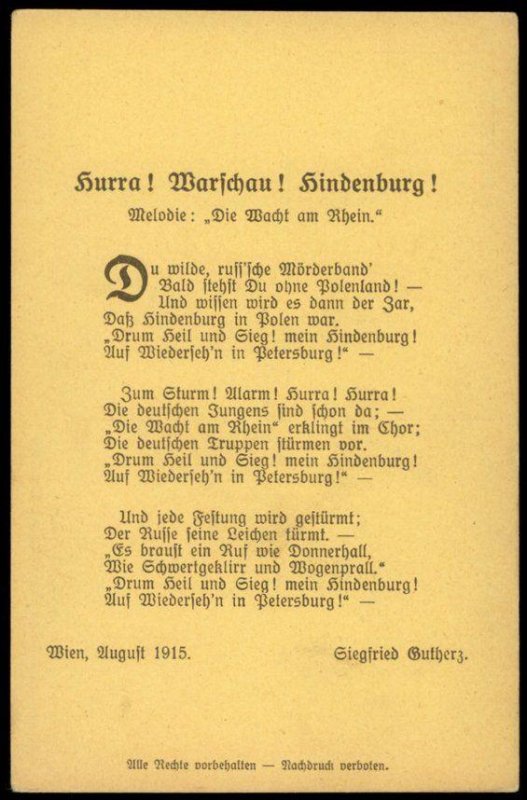 Germany WWI General Hindenburg Warsaw Victory Song Poem Patriotic PPC ...
