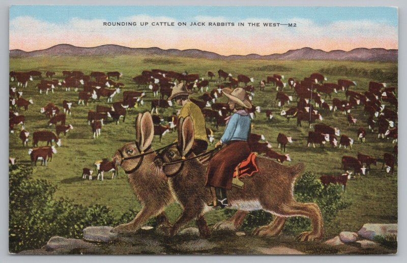 Western~Rounding Up Cattle On Giant Jack Rabbits Out West~Vintage ...