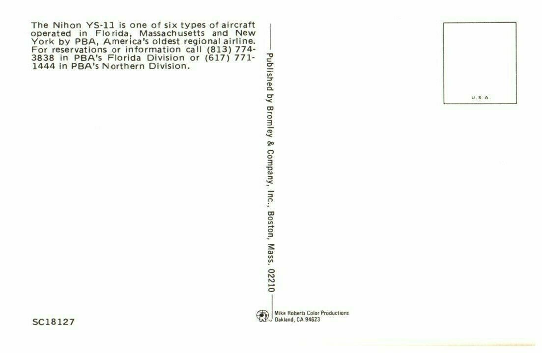 PBA Nihon YS 11 Americas Oldest Regional Airline in Flight Postcard ...