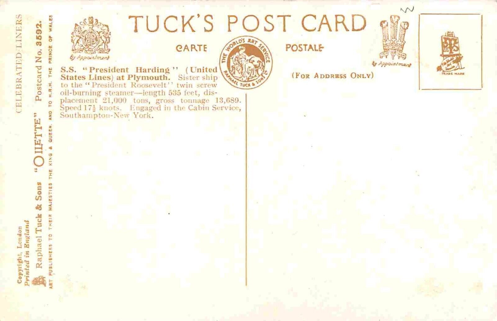 SS President Harding Ocean Liner Ship US Lines Plymouth England Tuck ...