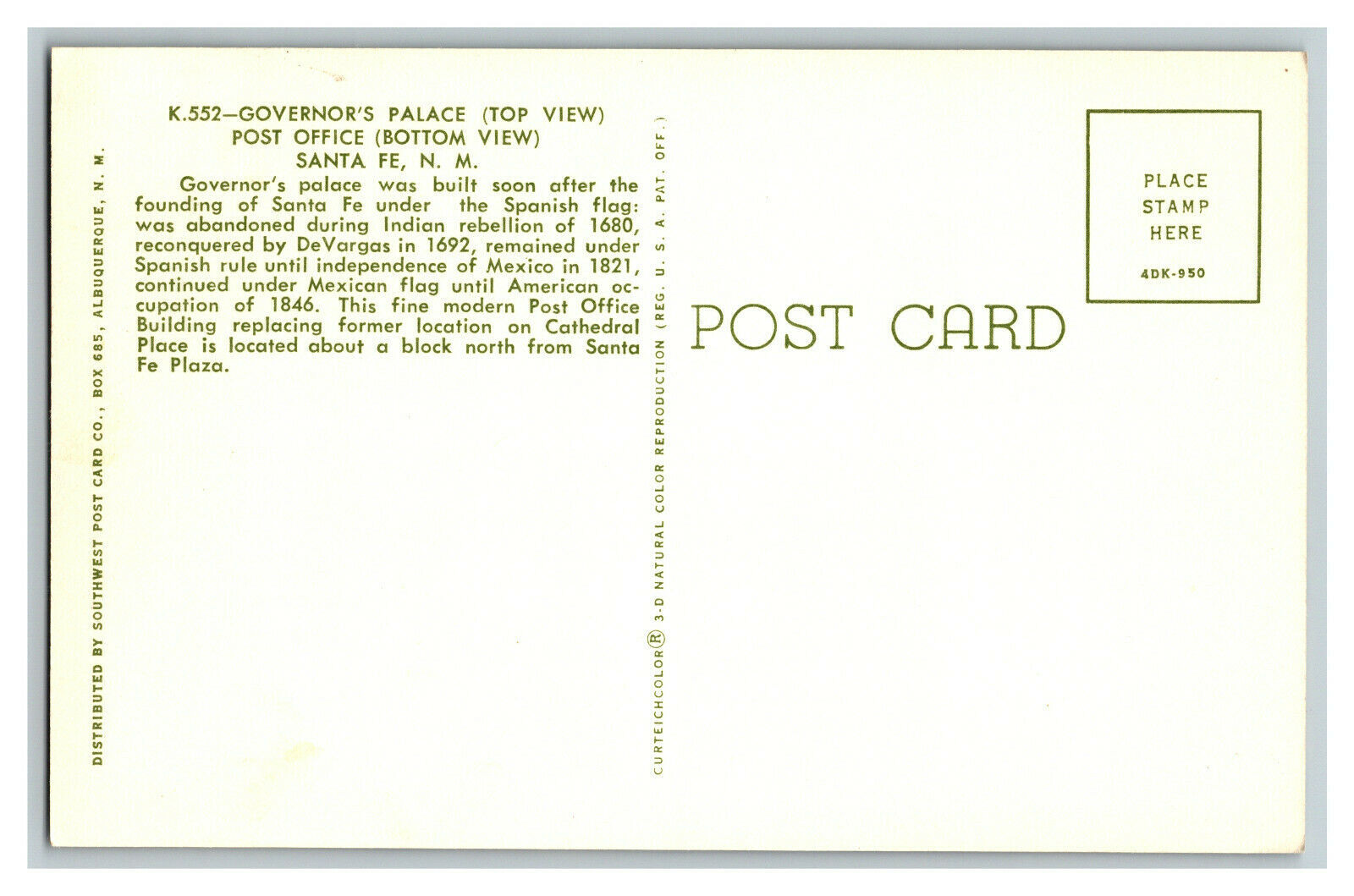 Governor's Palace Post Office Santa Fe New Mexico Vintage Standard View ...