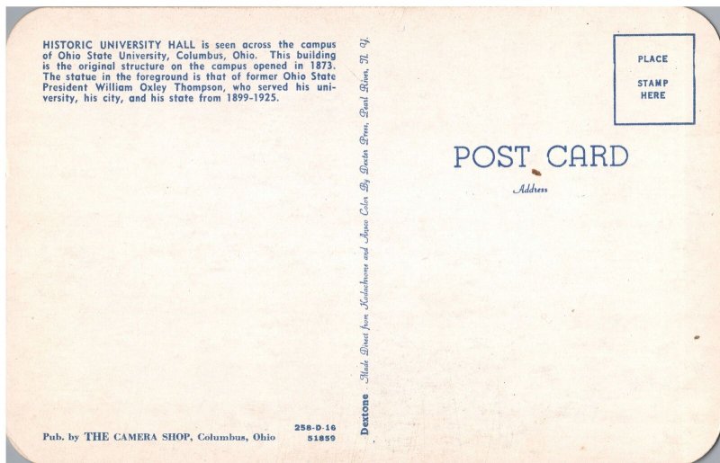 Vintage Postcard Historic University Hall Ohio State University ...