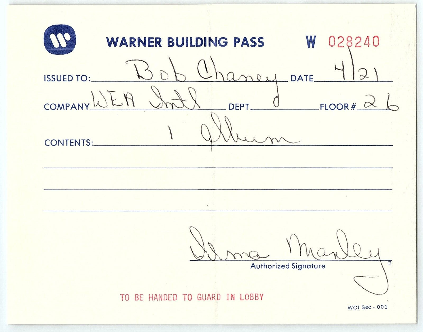 1980s Warner Bros Building Pass WEA International Floor 26 Music Z1076 ...