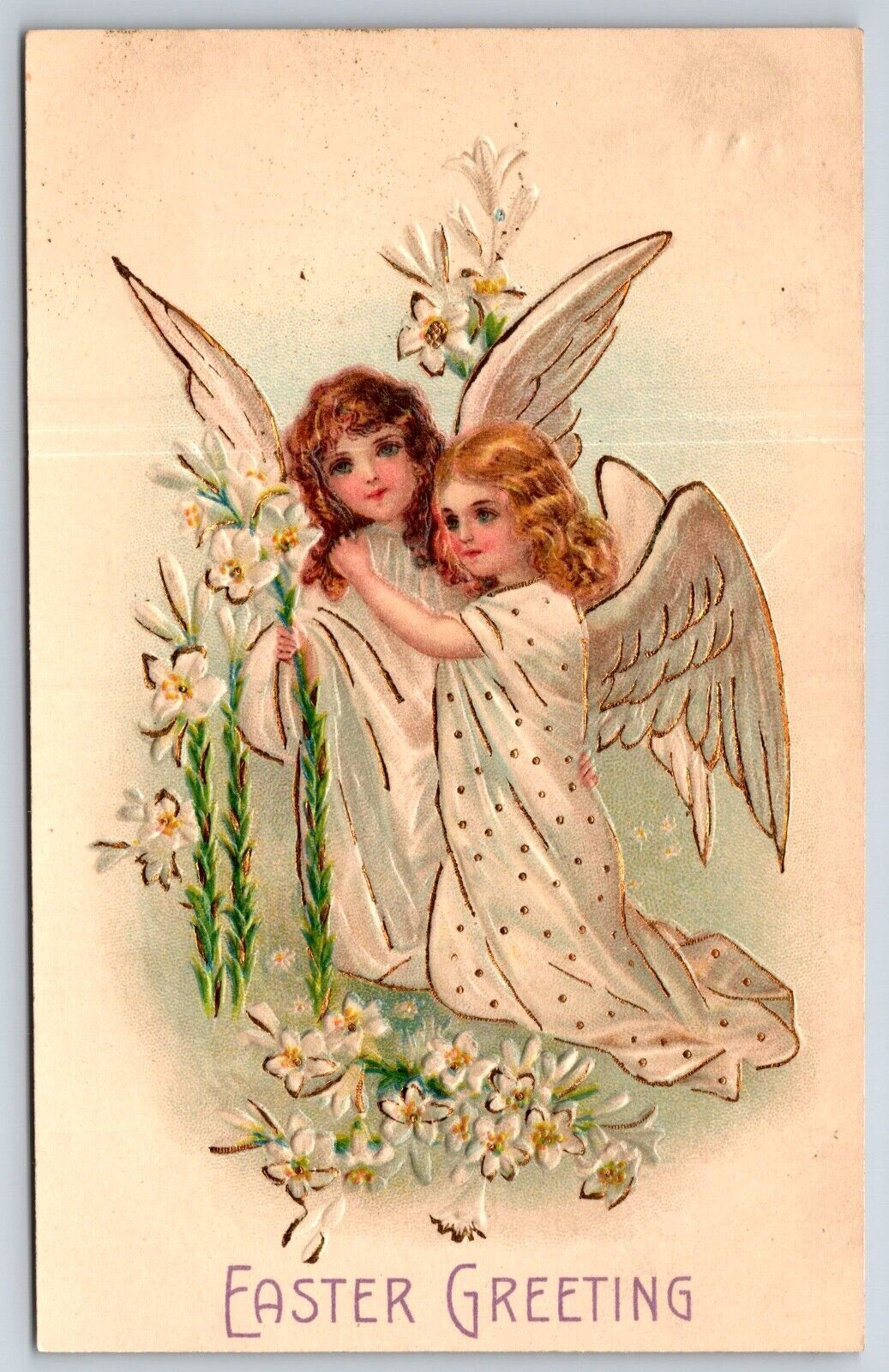 Easter~Winged Angels In White & Gold Leaf Surrounded By Lilies~Emb~BW ...