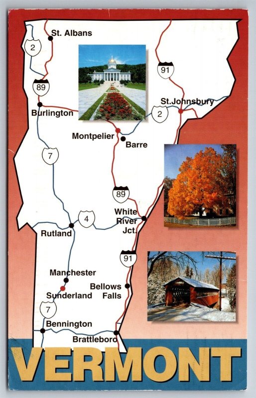 Vermont State Illustrated Pictorial Roads Highways Map Postcard D24 ...