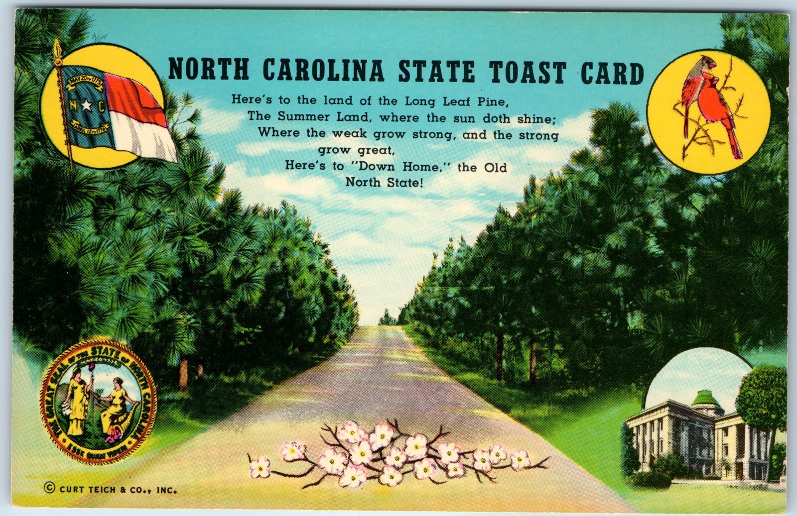 1965 NC North Carolina State Toast Card Greetings Seal Flag Bird Teich ...
