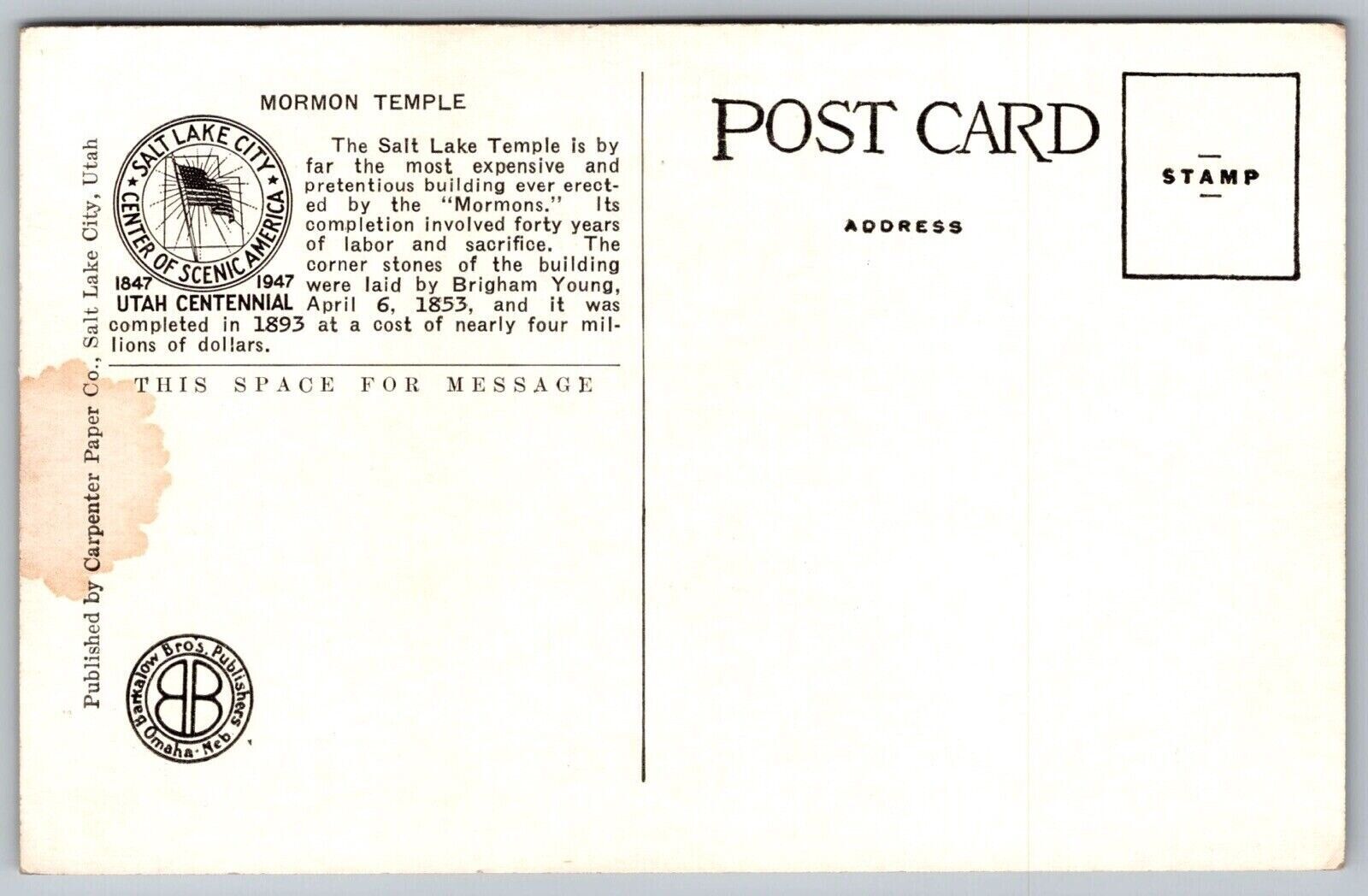 Salt Lake City Utah Mormon Temple Historic Religious Landmark WB ...