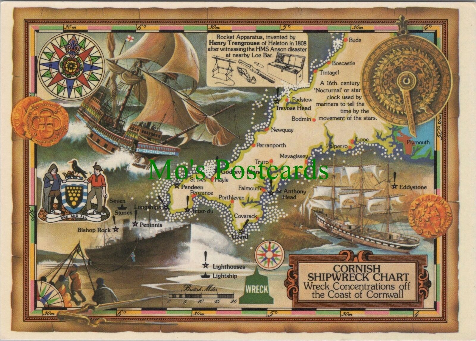 Cornwall Postcard - Cornish Shipwreck Chart / Map RR19250 | Other ...