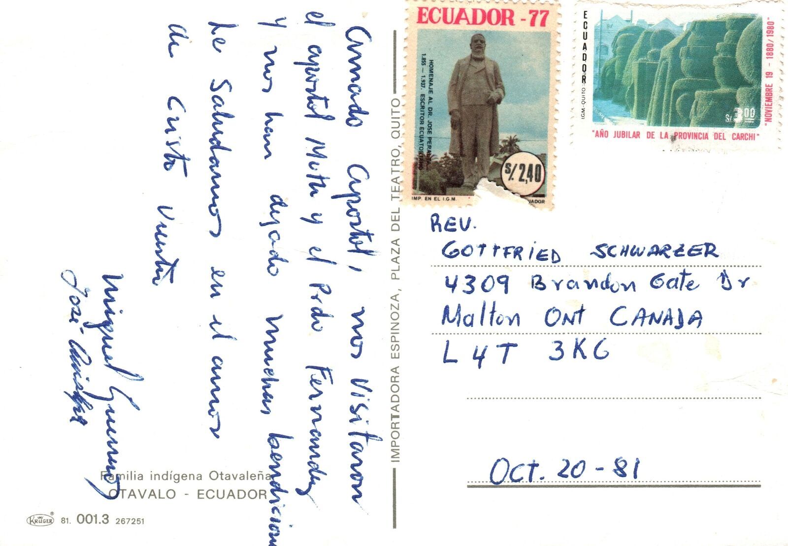 Vintage Continental Size Postcard Indigenous Family Otavalo Ecuador ...