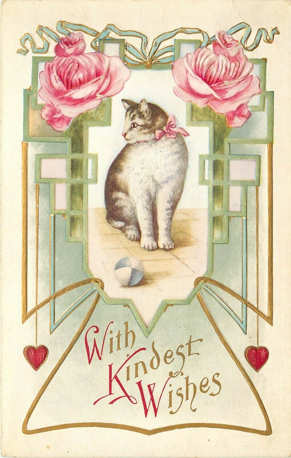 Embossed Postcard Art Deco Vignette, Tabby & White Cat, Roses, Kind ...
