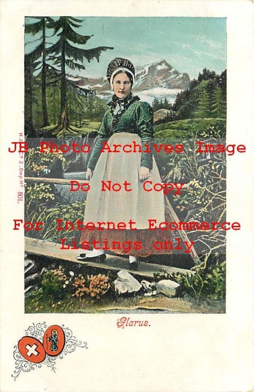 Native Ethnic Culture Costume, Woman Standing on Board in Glarus ...