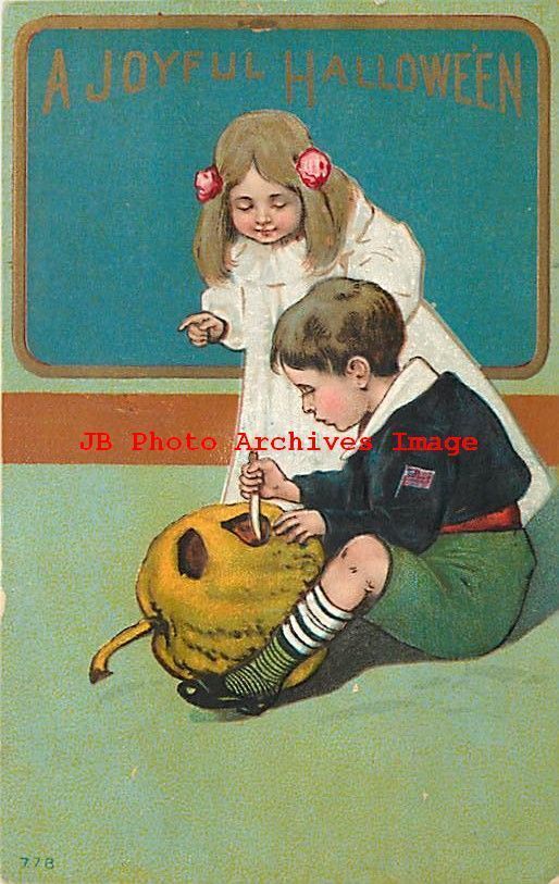 Halloween, Unknown No 778-1, Girl Watching a Boy Carve a Jack o Lantern ...