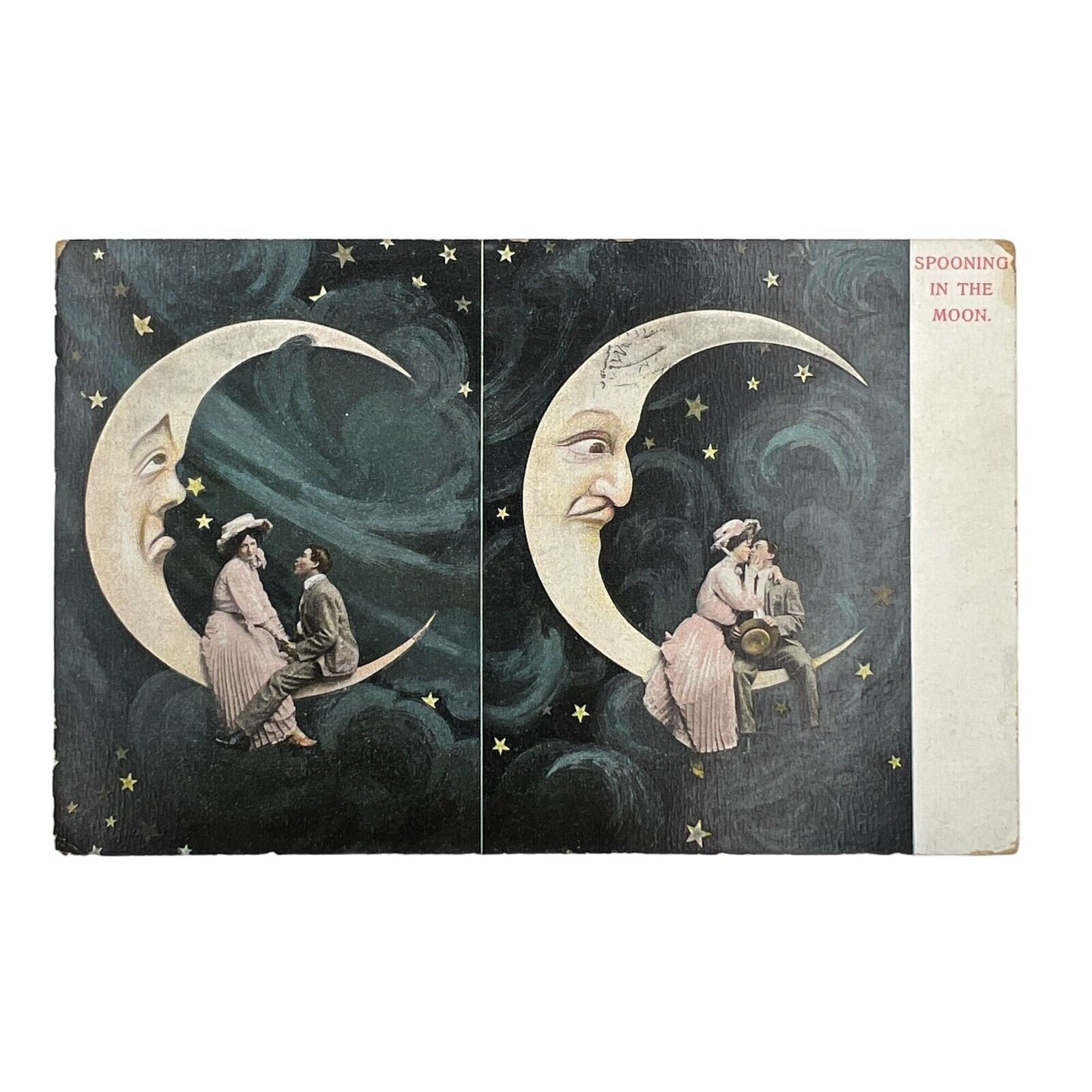 Original 1910 Postcard Romantic Paper Moon Kissing Couple "Spooning in ...