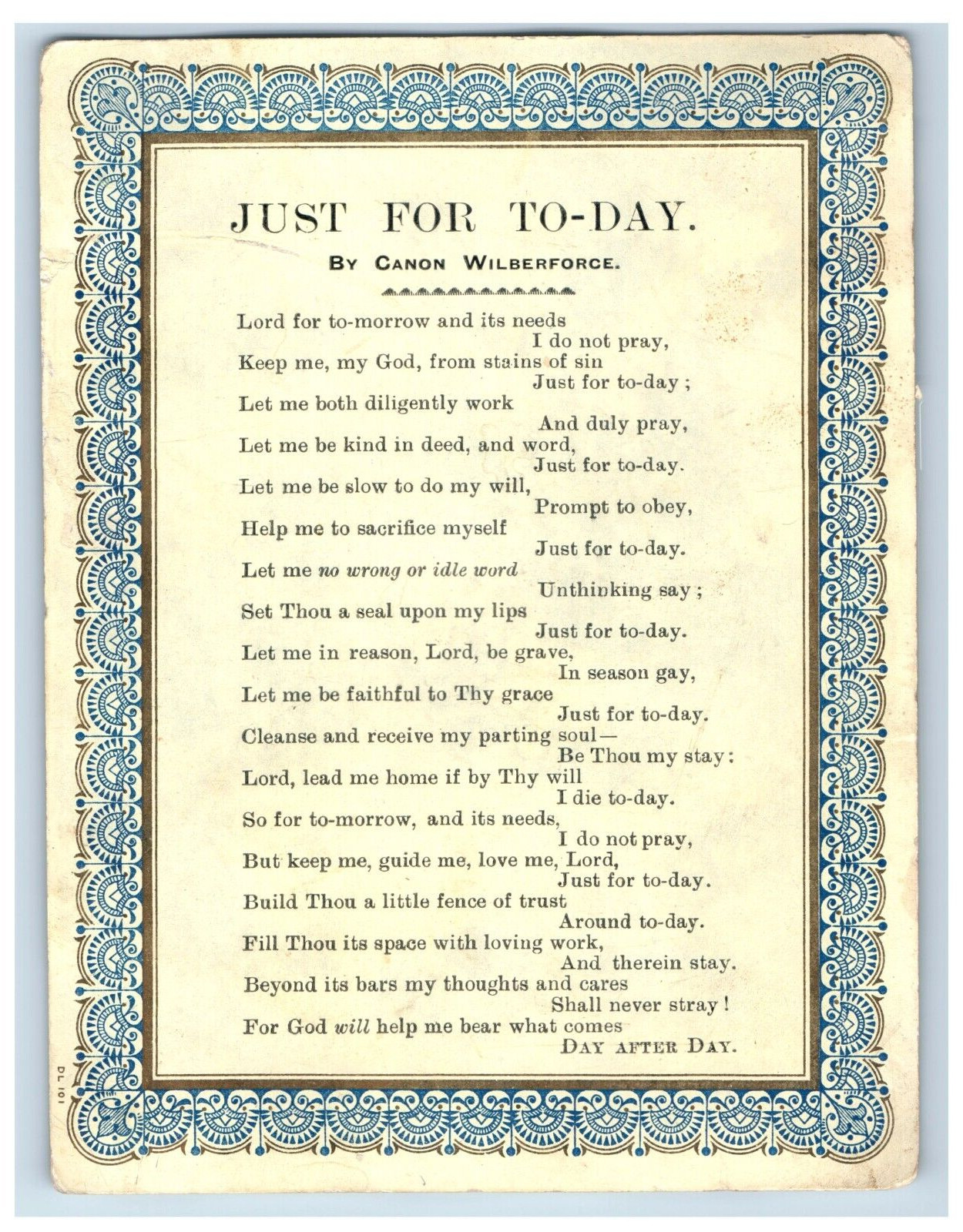1880s Victorian Religious Card "Just For Today" Poem By Canon ...