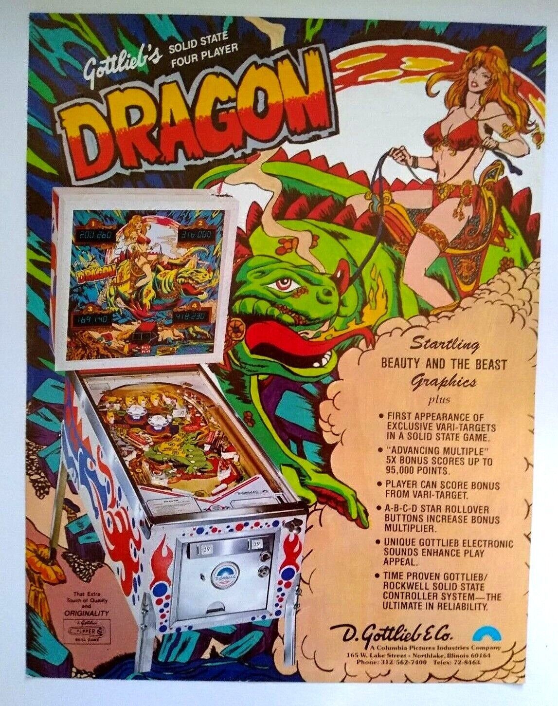 Dragon Pinball Flyer Original 1978 Vintage Fantasy Artwork Sheet 8.5" x ...