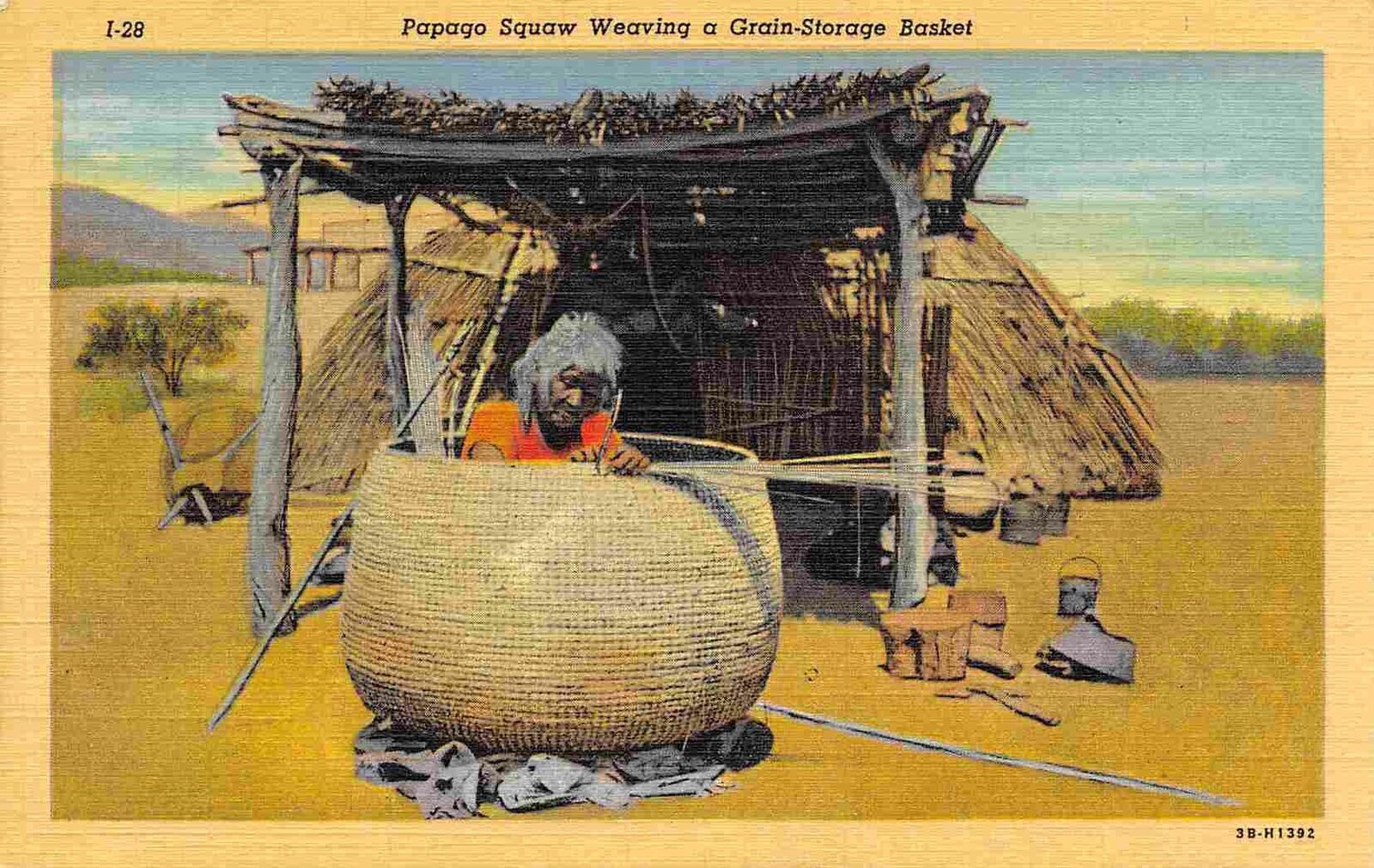 Papago Native American Indian Woman Weaving Grain Storage Basket linen ...