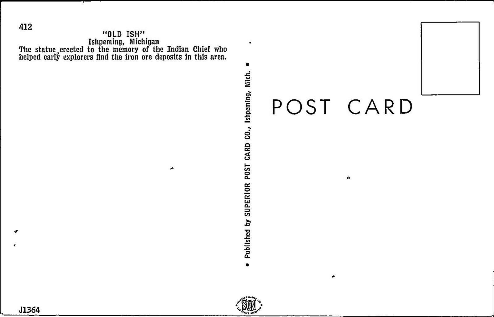 Postcard~"Old Ish"~Statue~Ishpeming, Michigan~Indian Chief~Vintage~A46 ...