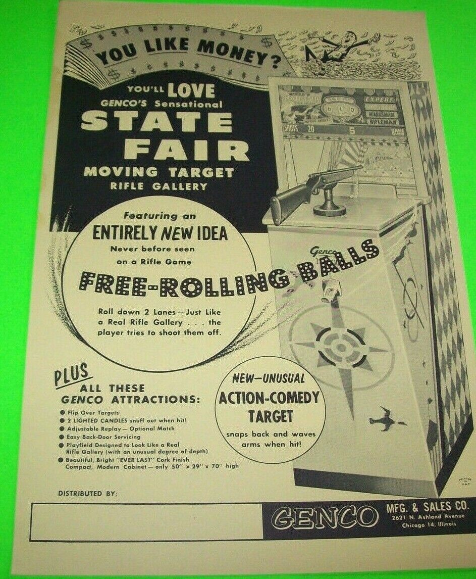 State Fair Genco Arcade FLYER 1956 Original NOS Rifle Gun Game Shooting ...