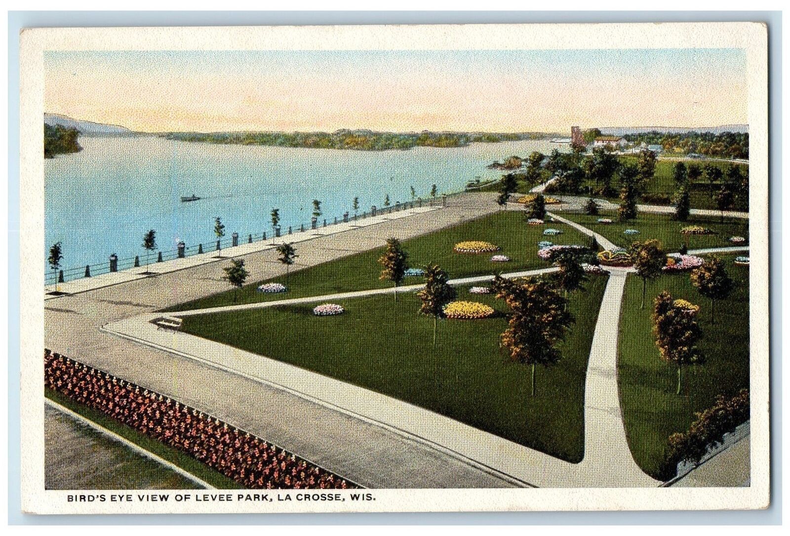 c1920 Birds Eye View Of Levee Park Landscaping River Lake La Crosse WI ...
