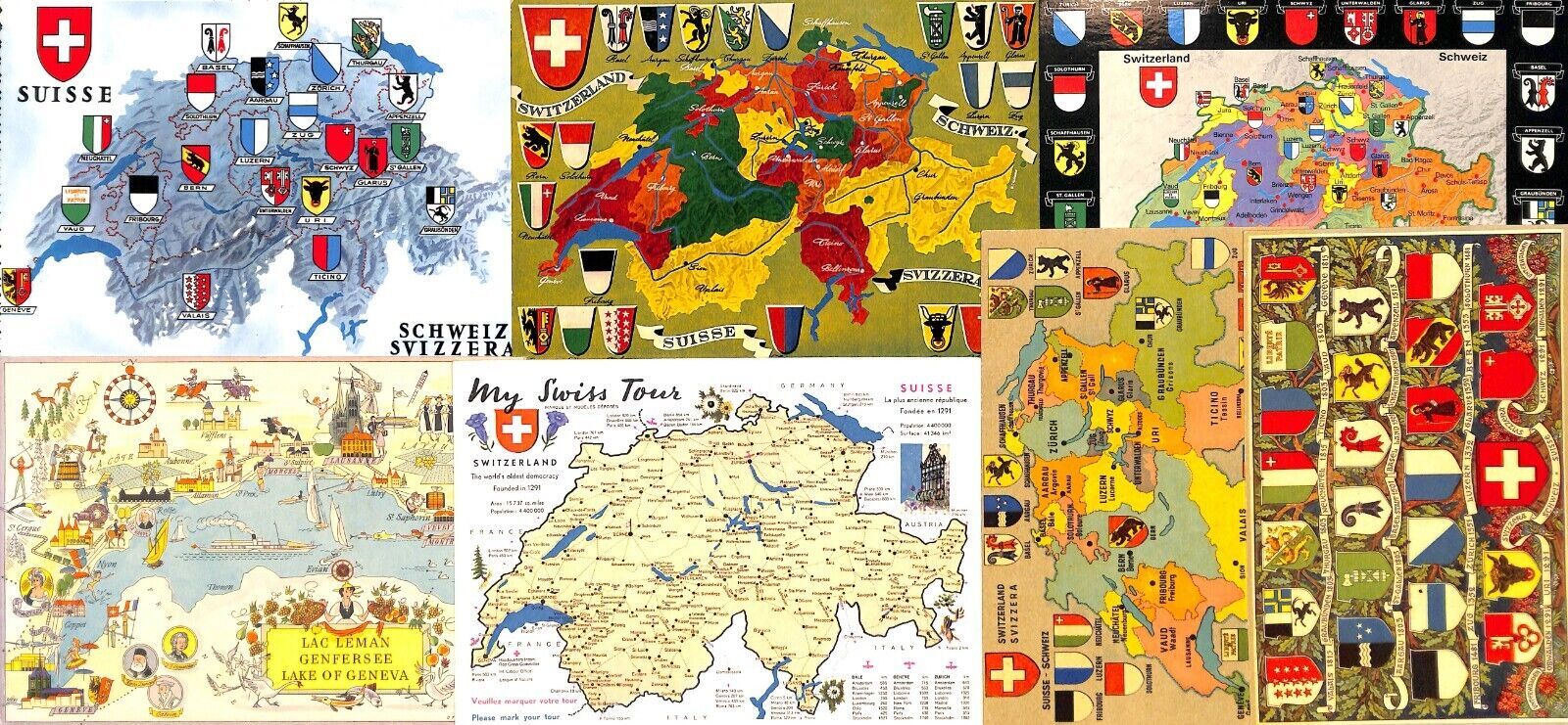 Switzerland lot of 7 map postcards canton crests heraldry | Europe ...