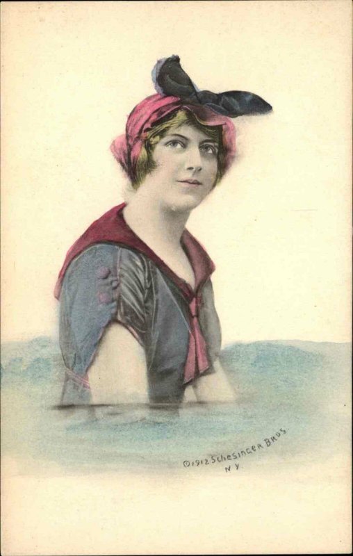 Beautiful Woman Bathing Beauty Hand Colored Schlessinger Bros 1912