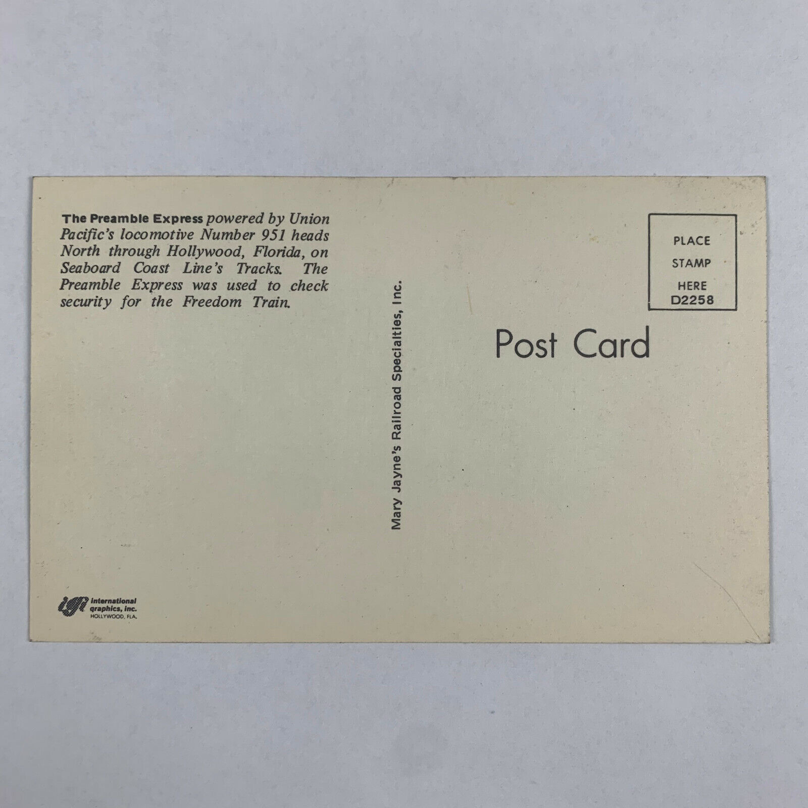 Postcard Railroad Train Union Pacific 951 Preamble Express Hollywood FL ...