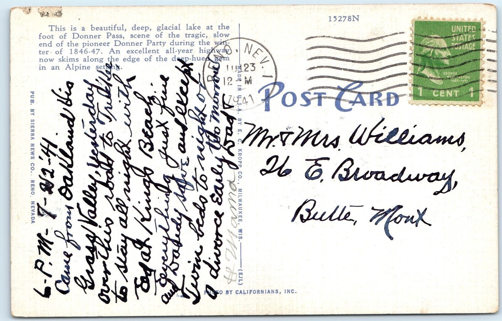 c1940s Reno, NV Donner Lake Victory Highway Bridge Aerial Linen PC ...