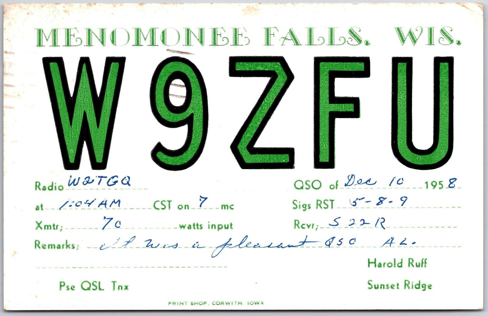 1958 QSL Radio Card Code W9ZFU Menomonee Falls Wisconsin Station Posted Postcard | Europe ...