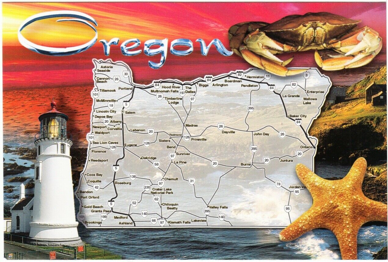 Postcard of Oregon State and Highway Map with Lighthouse Starfish and ...