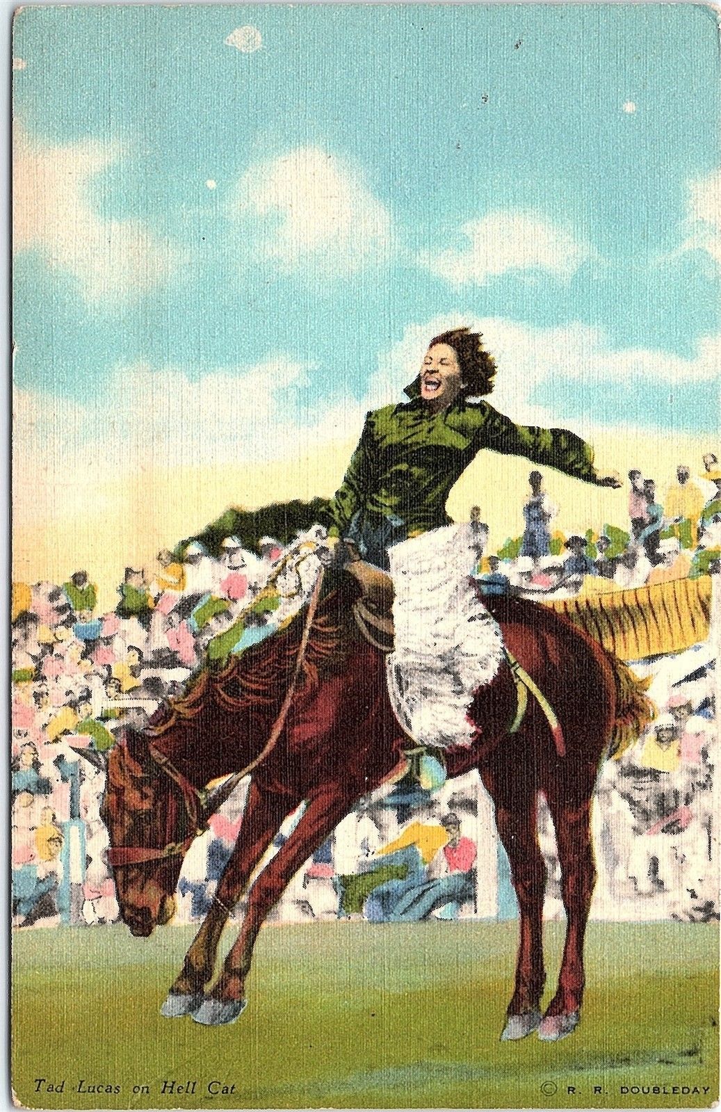 Postcard Tad Lucas On Hell Cat Cowgirl Female Rodeo Bronco Buster ...