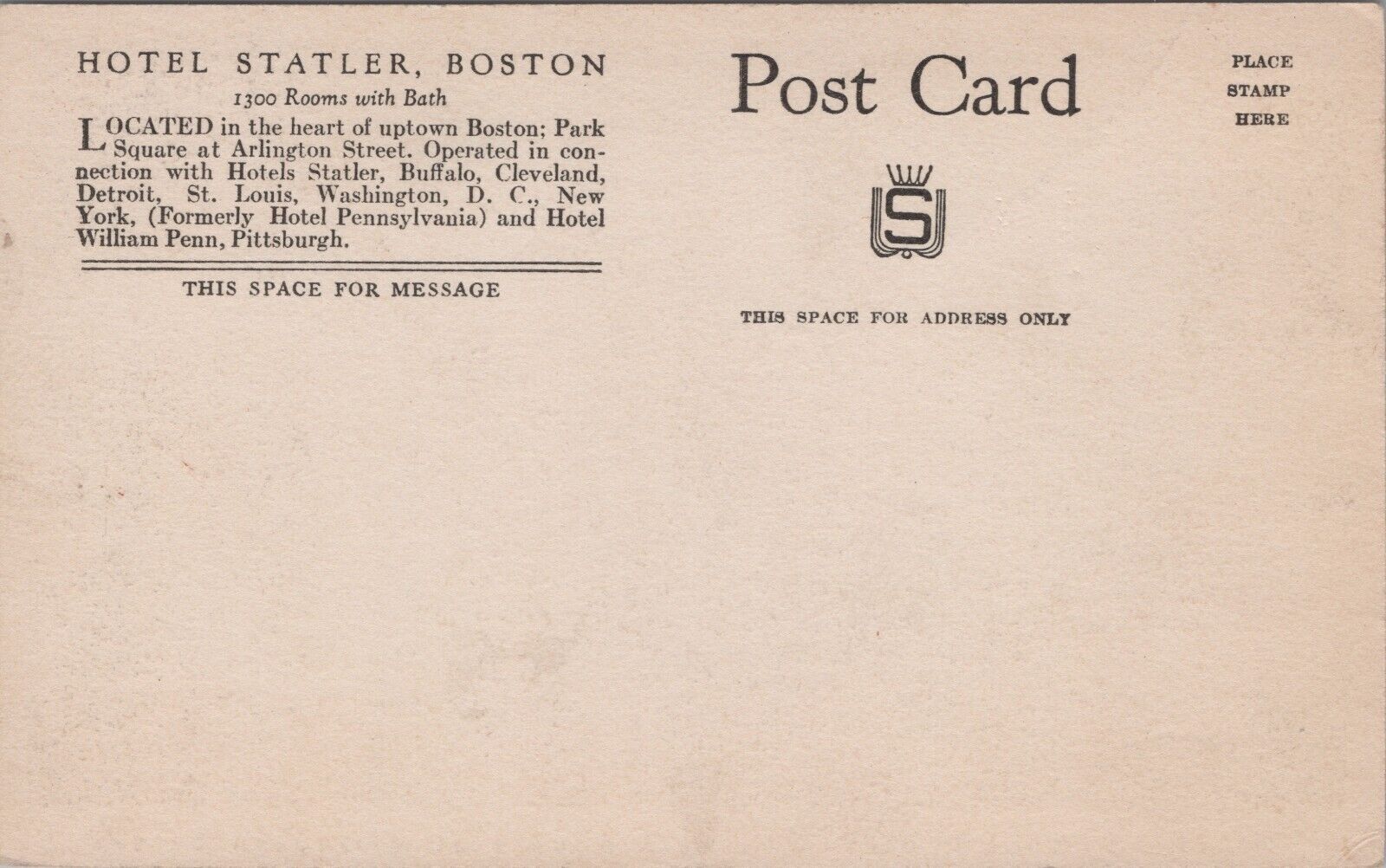 Hotel Statler Boston Park Square At Arlington Street Massachusetts ...