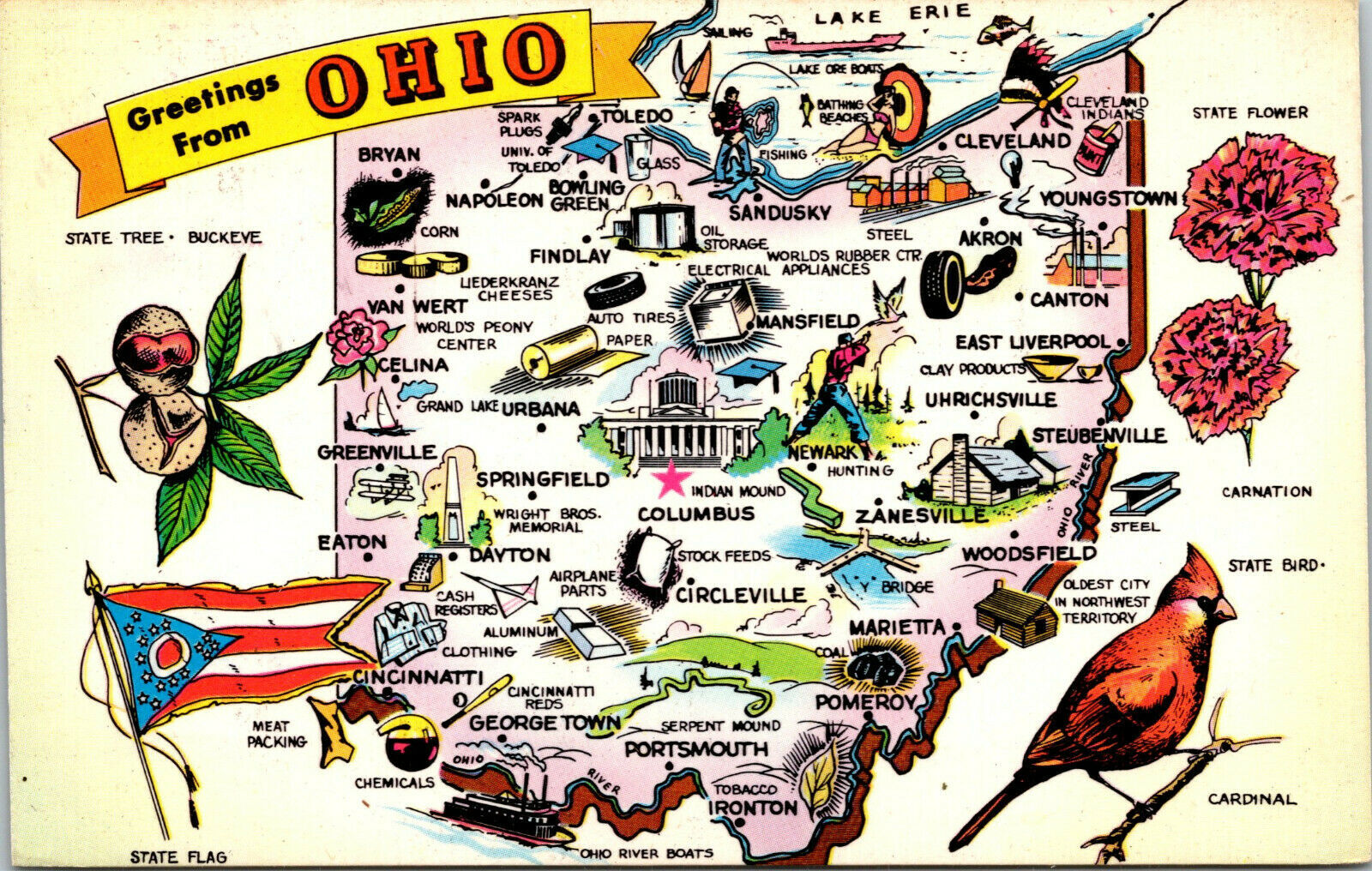 Vtg 1970s Greetings from Ohio OH Buckeye State Map Towns Landmarks ...