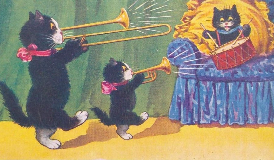 1920s Vintage Anthropomorphic Cats Play Drum Trumpet Trombone Postcard ...