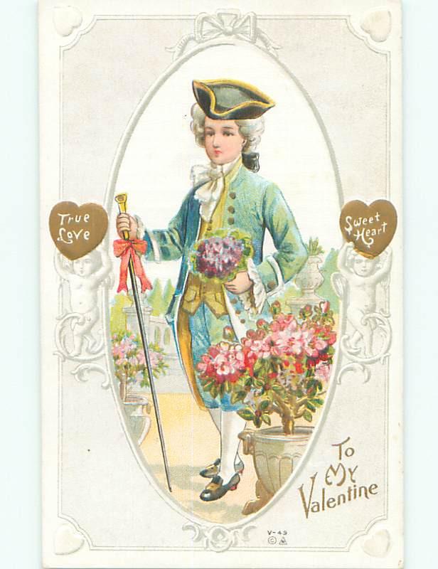 Pre-Linen Valentine Colonial ERA MAN With Flower Bouquet and Walking ...