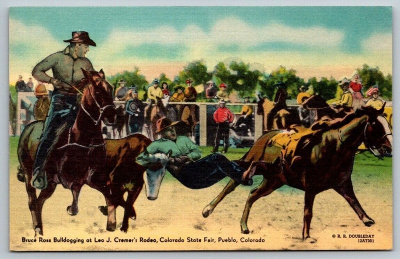 Vintage Postcard - Bruce Ross Bulldogging Pueblo Colorado Rodeo Cowboy ...