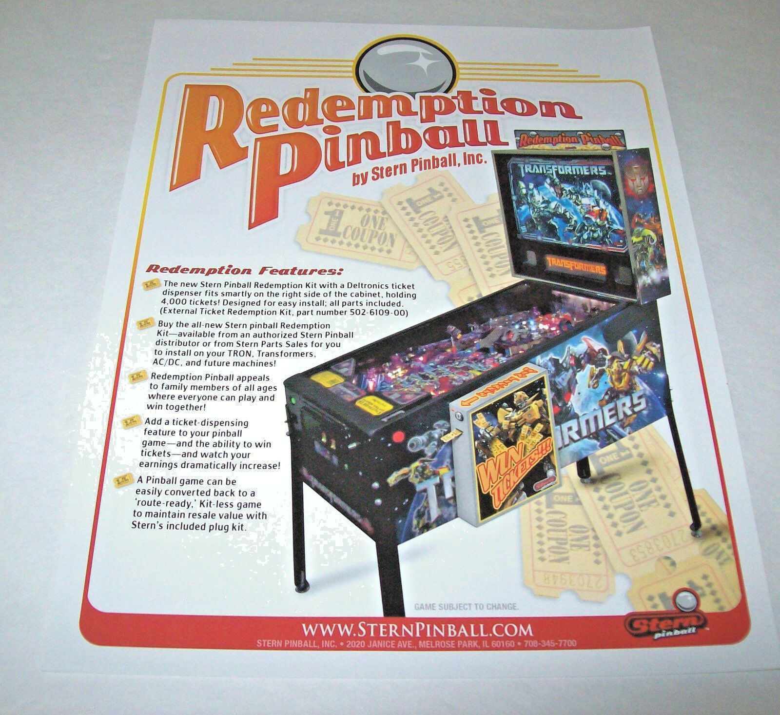 Transformers Pinball FLYER Redemption Edition Original NOS Artwork ...