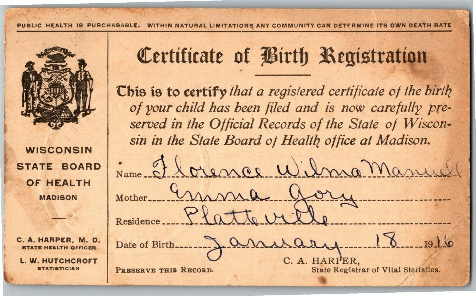 WI Certificate of Birth Registration Florence Manuell c1916 Postcard ...
