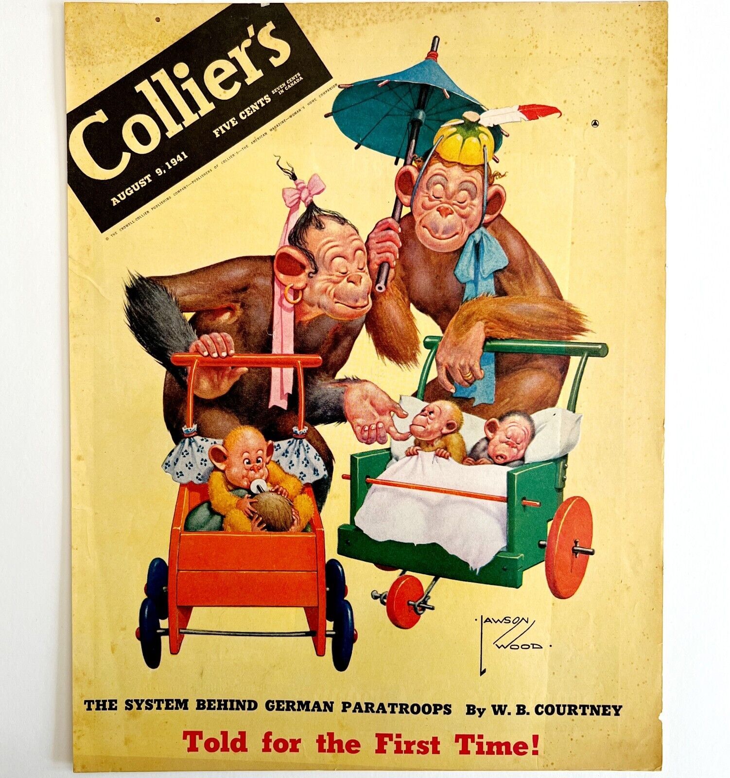 Collier's Monkeys Baby Stroller 1941 Lithograph Magazine Cover Antique ...